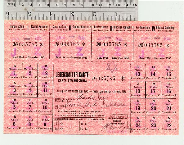 Nazi ration card for Jew in concentration camp
